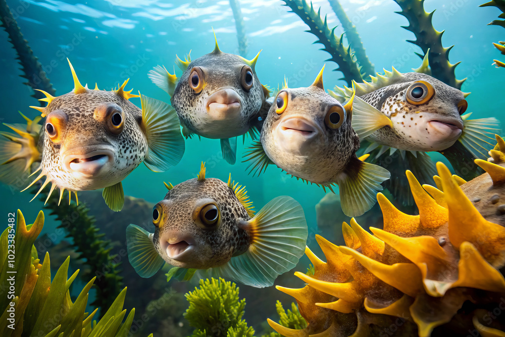 Curious pufferfish swim together in vibrant underwater scene ...