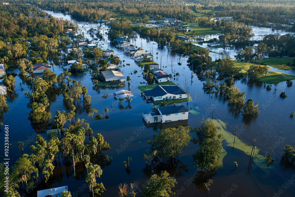 Aerial view of a town flooded by a hurricane. Flood waters have ...