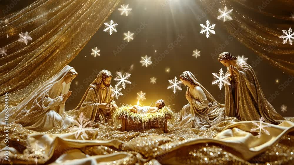 Luxurious nativity scene with gold and silver accents, featuring rich ...