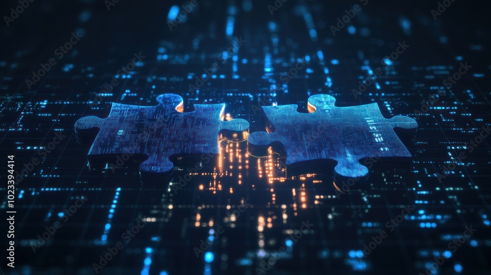 Two puzzle pieces over a digital data background, representing ...