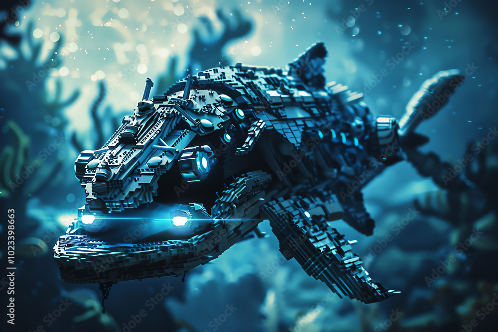 Design a surreal composition of a robotic creature exploring the depths ...
