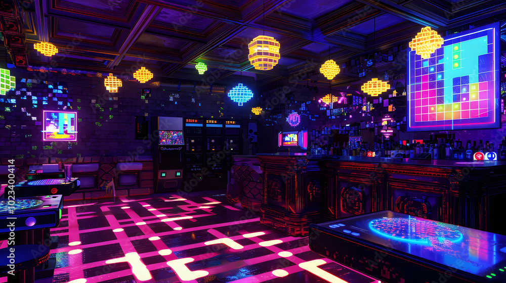 8-bit metaverse nightclub, pixel DJ booth with blockchain visualizer ...