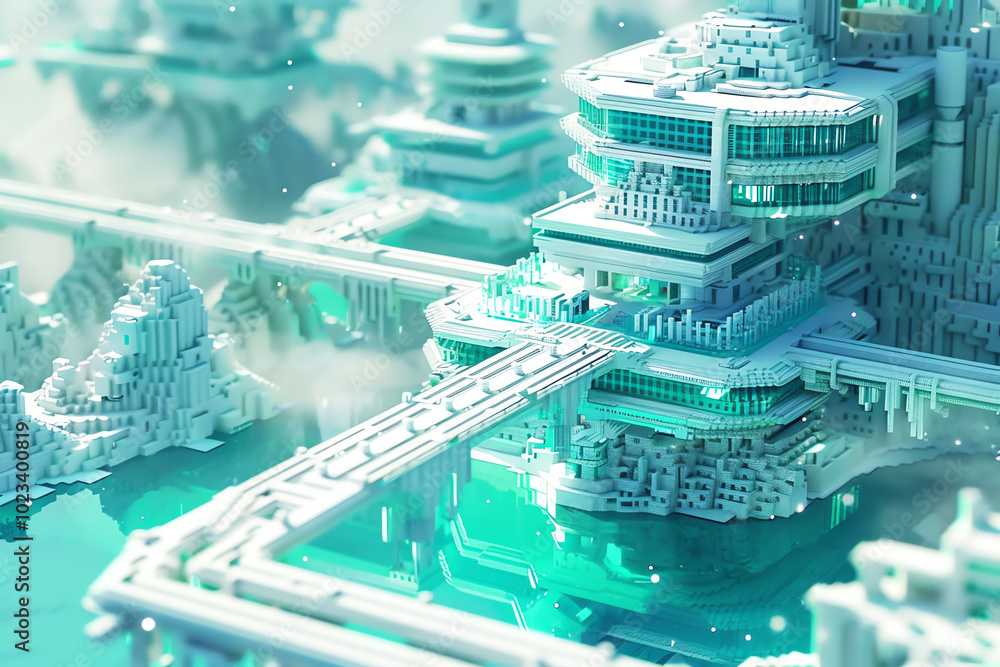 Immerse viewers in a digital utopia where towering structures and ...