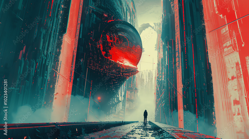 Merge futuristic elements with glitch art techniques, depicting a ...