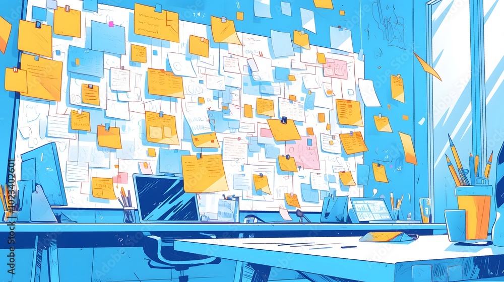 cartoon office with sticky notes flying up onto walls, giant pens ...