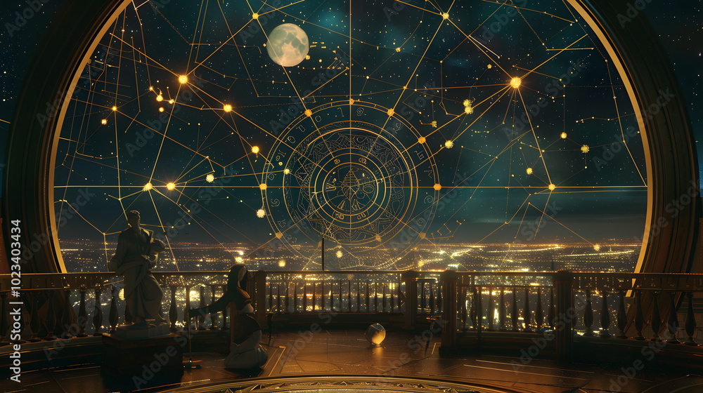 Ilustração do Stock: Cyber-baroque observatory, marble astronomers with ...