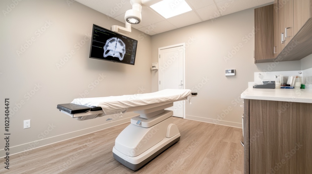 Modern examination room featuring a medical table, overhead light, and ...