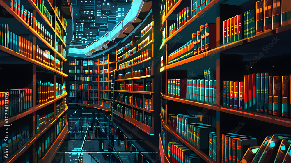 Metaverse pixel library, 8-bit floating books, digital librarian AI ...