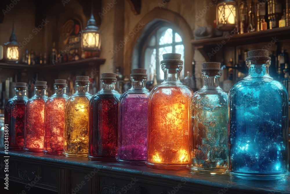 intricately designed potion bottles line a welllit laboratory room ...