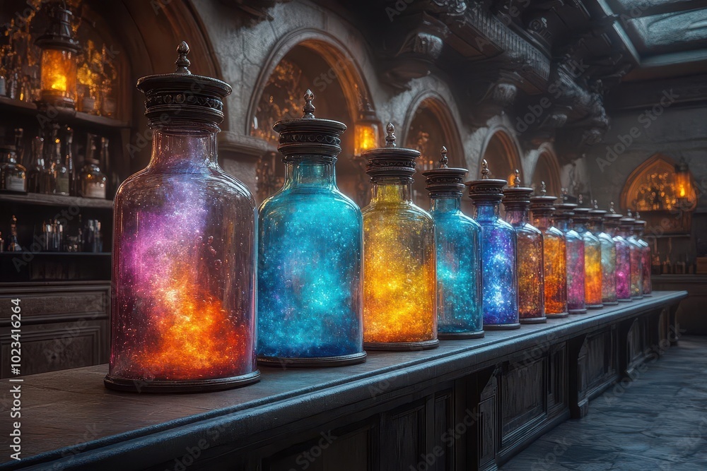 intricately designed potion bottles line a welllit laboratory room ...