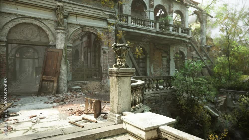 An old European mansion stands in ruins, its once grand architecture ...