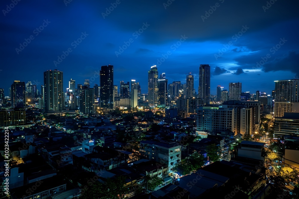Nighttime aerial perspective of Makati, the commercial hub of Metro ...