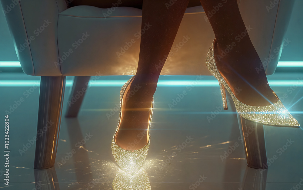 a woman's legs and heels are shown in a photo with a light shining on ...