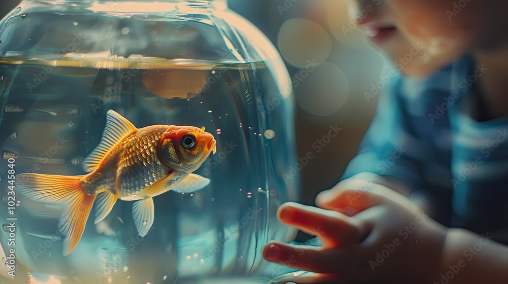 A young child receives his first fish in a bottle as a gift. It ...