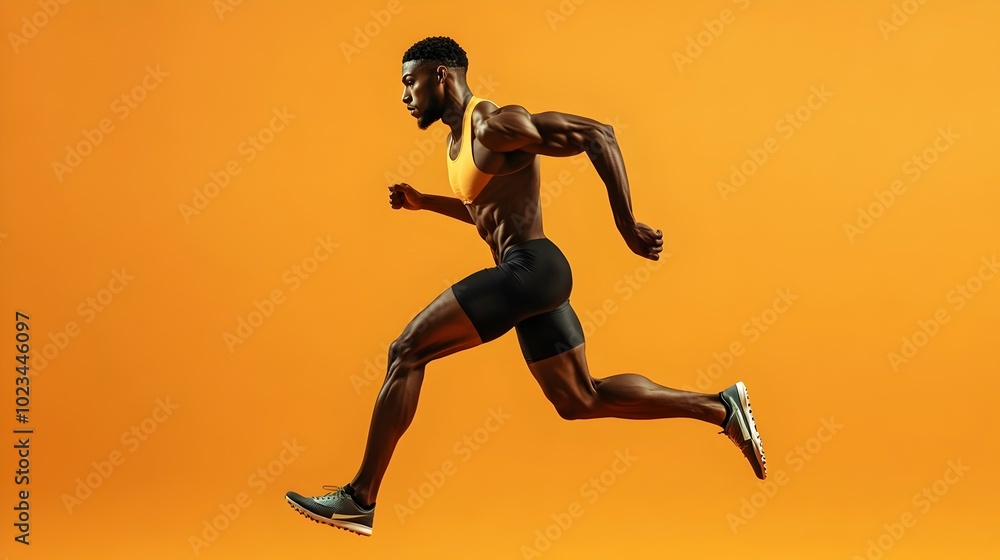 A bare-chested athlete is seen running vigorously on an orange ...