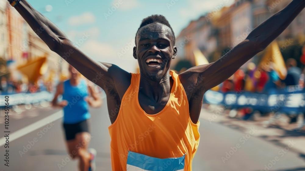Victorious African Marathon Runner Celebrating with Arms Raised in the ...