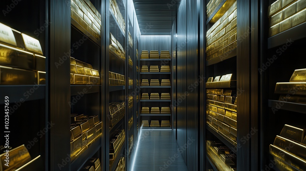 Secure gold storage with shelves full of shiny bars in a high-tech ...