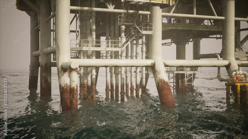 The structure supports an offshore oil platform, showcasing rusted ...
