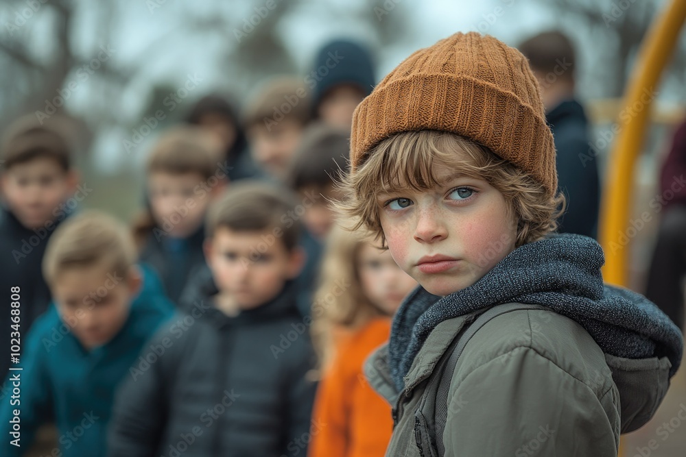 A child being excluded from a group of kids on the playground, with the ...