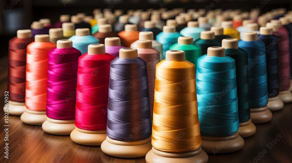 A vibrant collection of spools, each wound with a unique thread ...