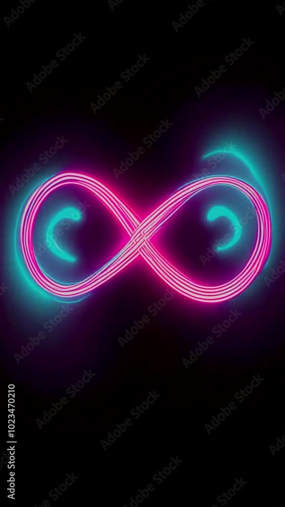 Two neon wavy lines spin shape infinity symbol, glowing brightly black ...