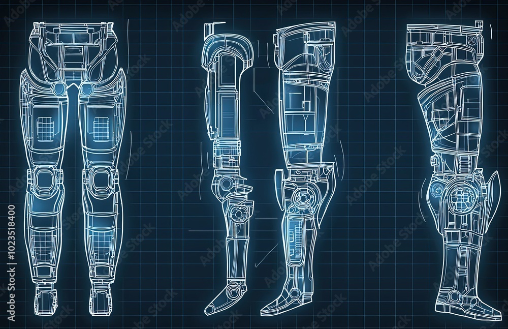 A detailed blueprint of advanced robotic exoskeleton legs showing ...