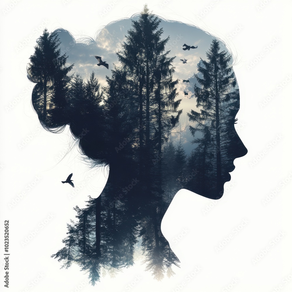 The outline of a woman’s body filled with tall trees, her hair merging ...