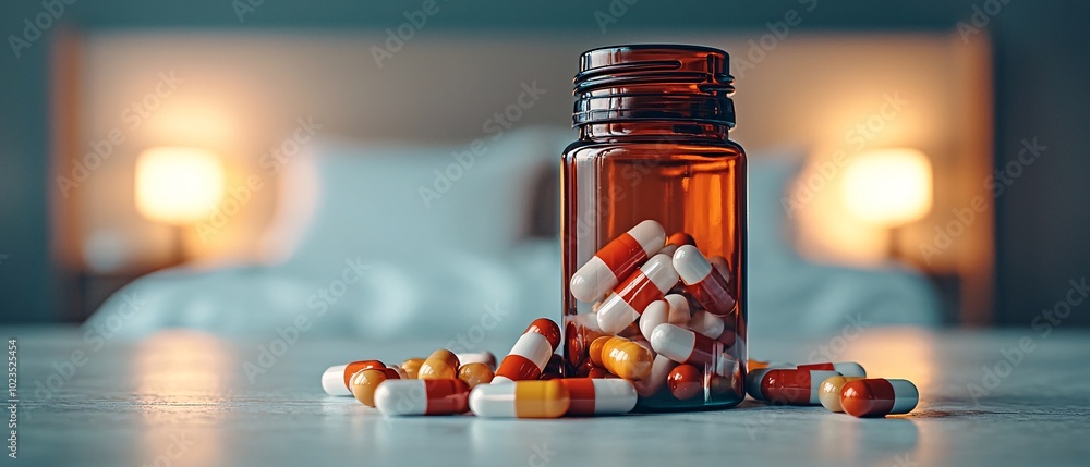 Fragments of Control Lost - Close-up of empty pill bottle tipped over ...