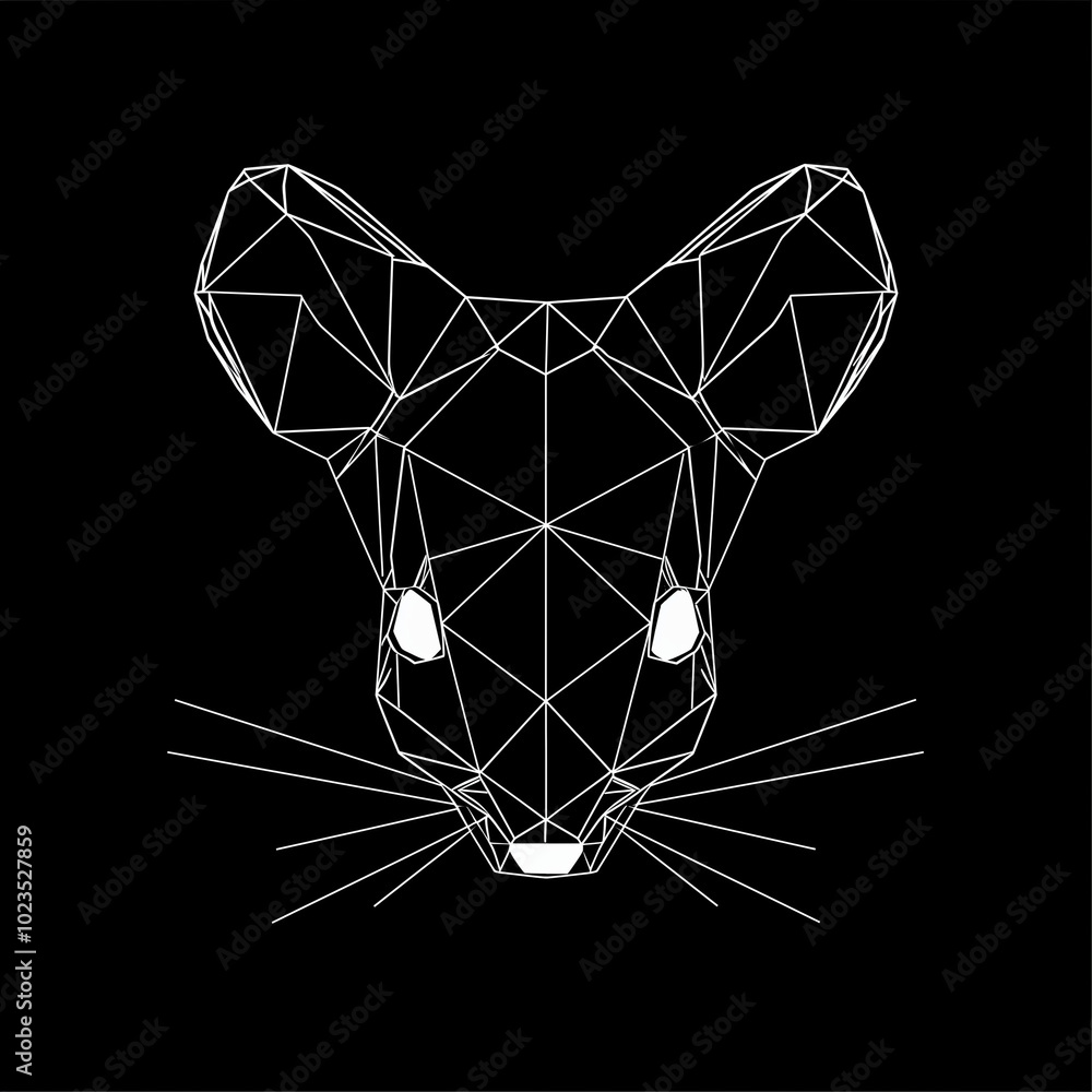 minimalistic black and white geometric mouse face with intricate lines ...