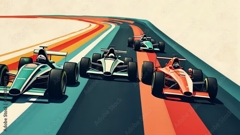 1950s poster style animation of a Formula 1 car race. Thrilling Formula ...