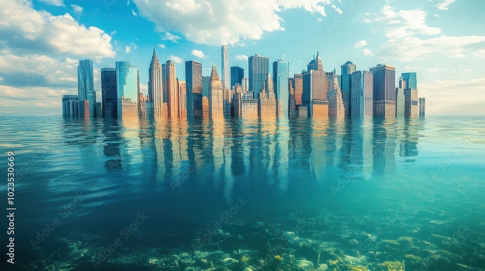 A city skyline partially submerged in water, symbolizing sea level rise ...