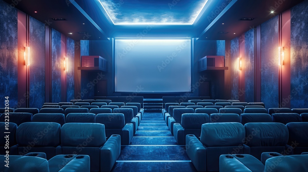 Small modern movie theater with ultra wide bright silver screen in the ...