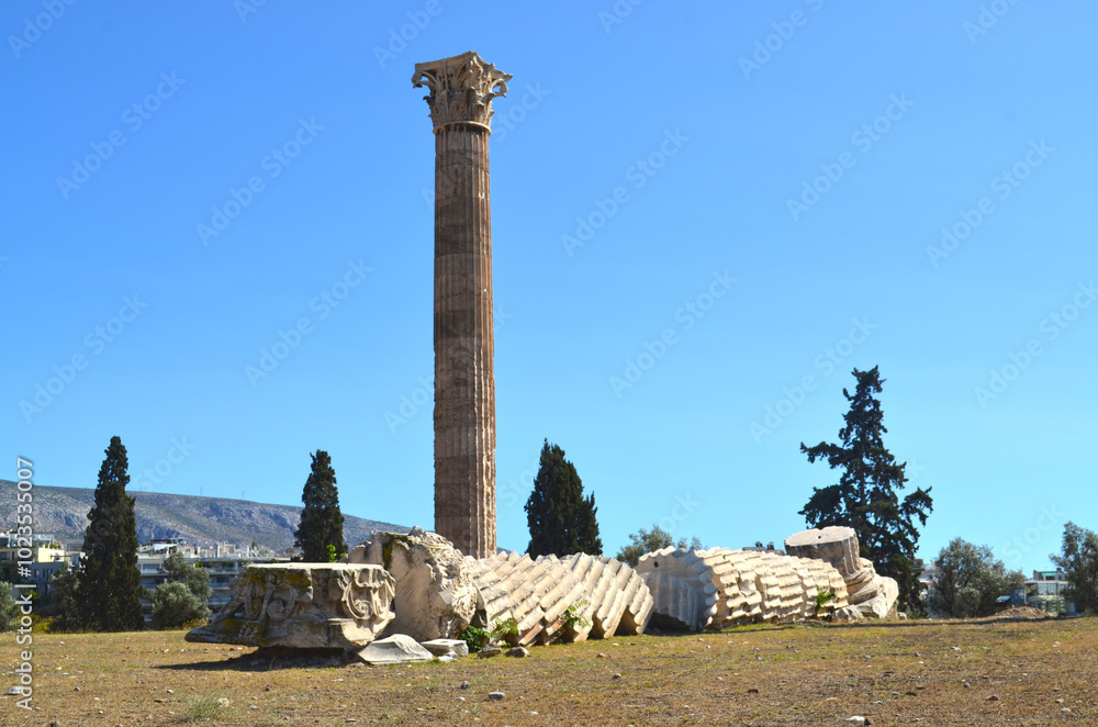 Temple of Olympian Zeus in Athens with a standing column and a fallen ...