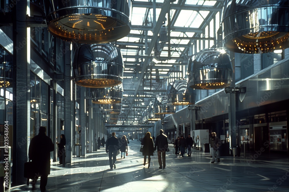 A modern, open-air shopping mall with a long row of sleek, round lights ...