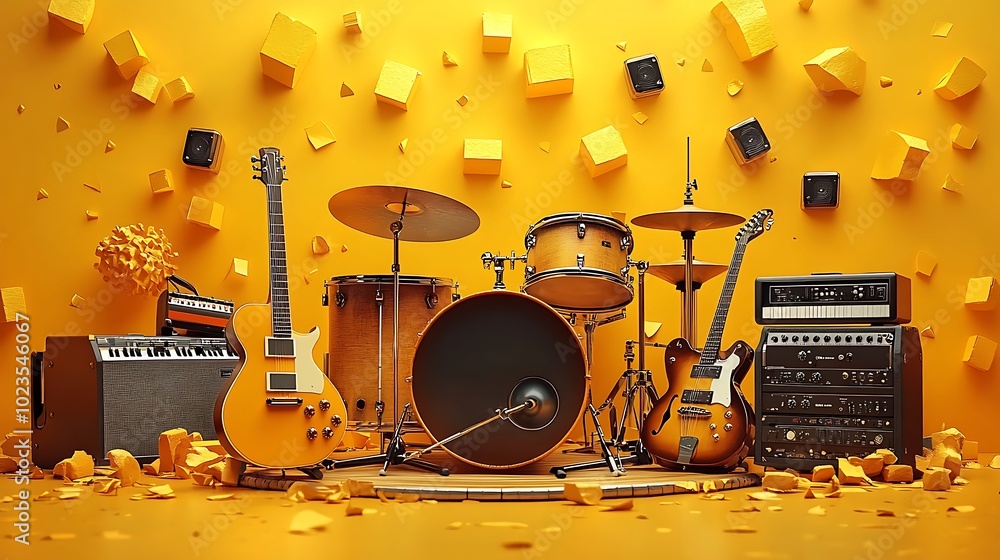 A dynamic illustration of a modern music studio setup, featuring ...