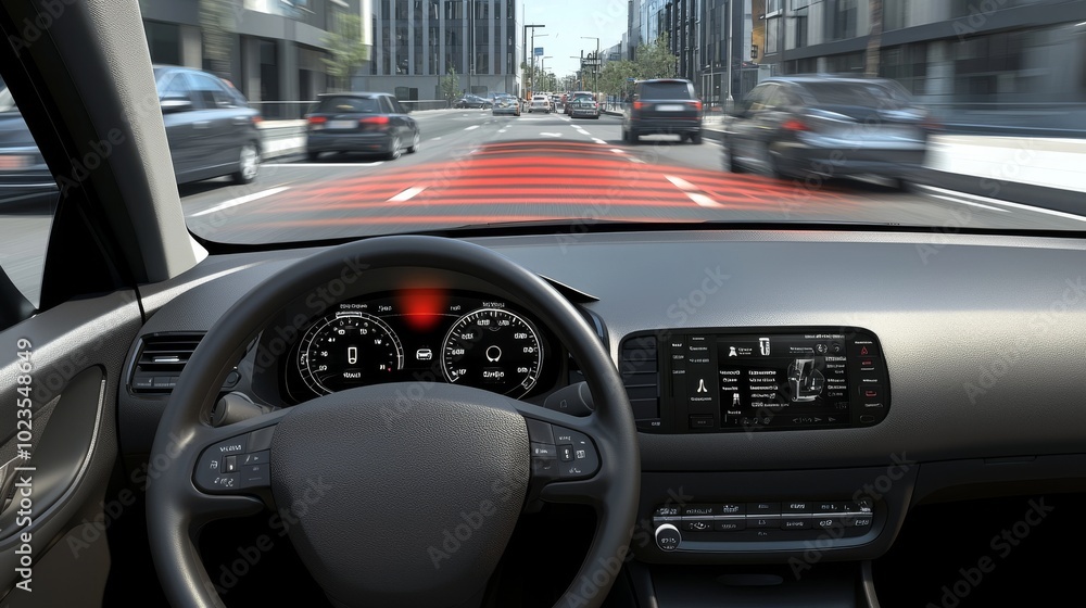 Interior of an autonomous car with adaptive cruise control ...