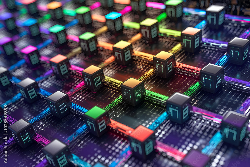 A colorful array of cubes with letters and numbers on them. The cubes ...