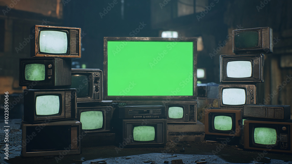 3d rendered set of old tv monitors in old room vintage tvs with green ...