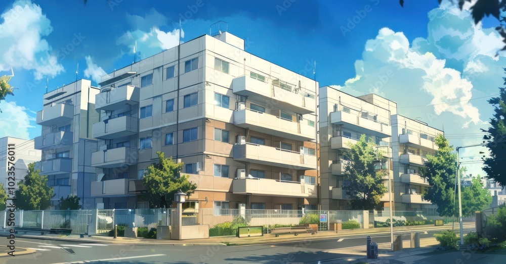 Residential apartment complex in an animated cartoon style with clear ...