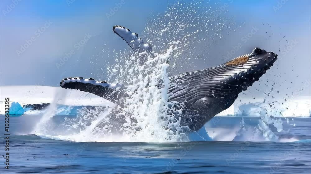 A humpback whale breaching the water's surface in a scenic ocean ...