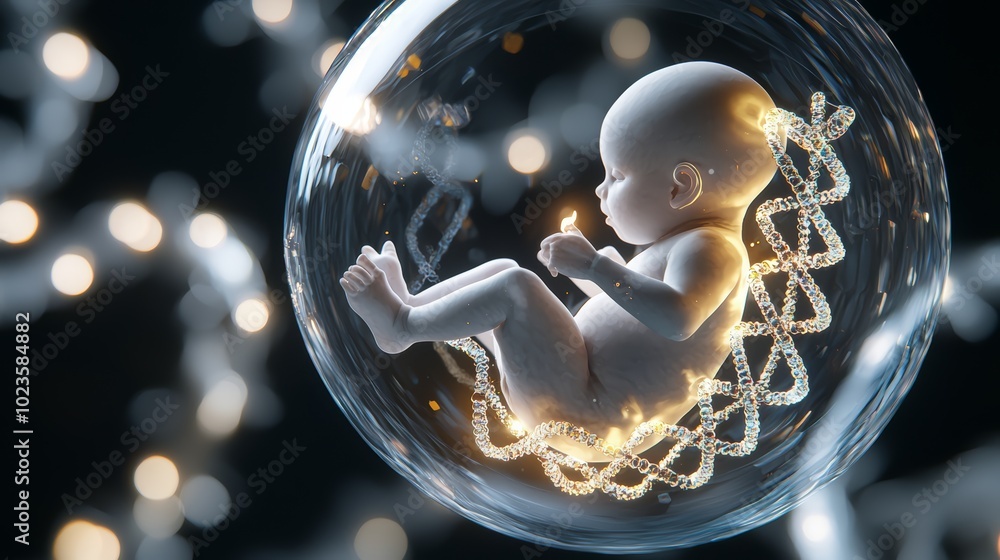 A 3D model of a human fetus inside a clear bubble, with a glowing DNA ...