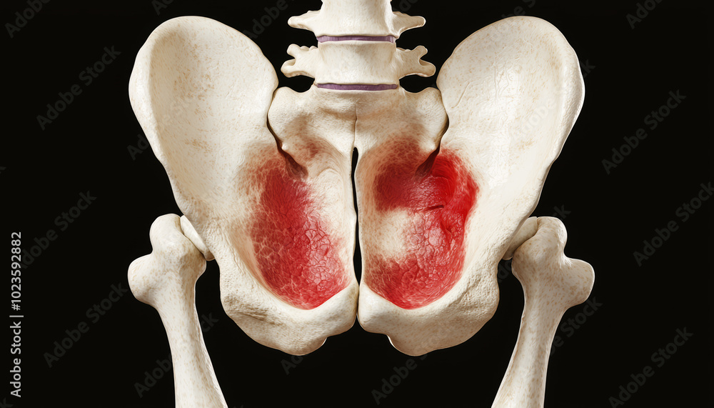 A front view of the pelvis and femur in 3D, showing the hip joint with ...