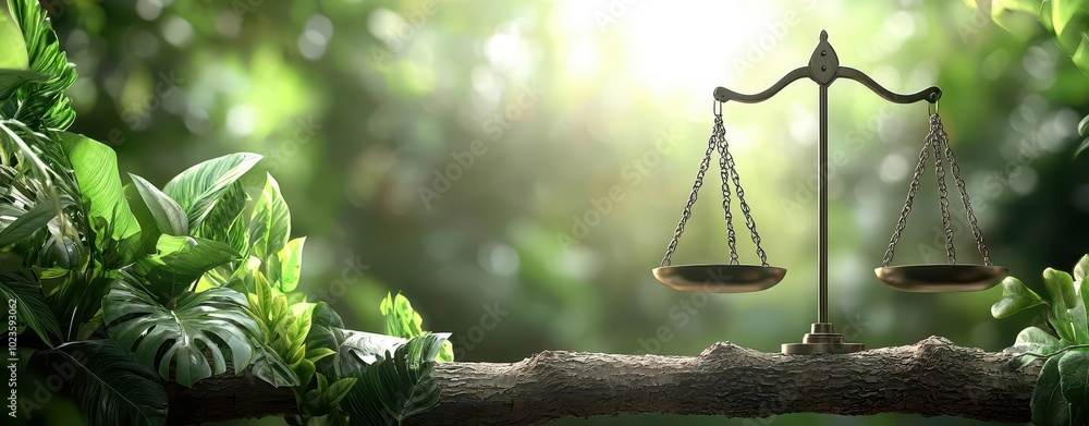 Justice scales hanging from a tree branch, symbolizing balance in ...