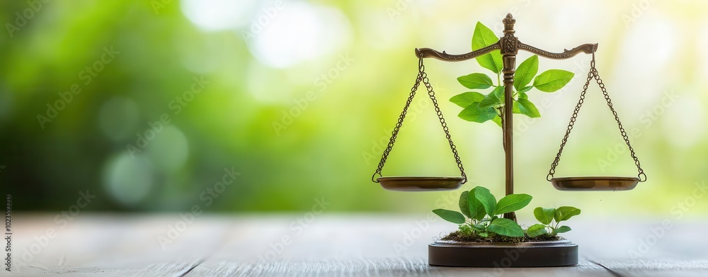 Scales of justice with a tree growing from the base, environmental and ...