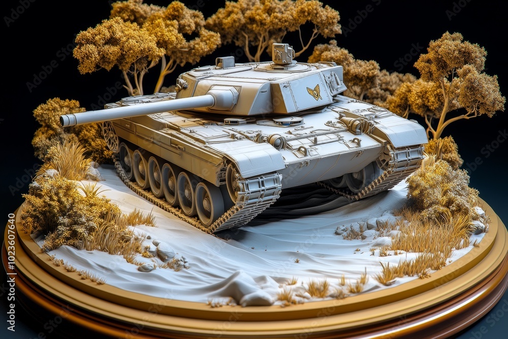 A 3D digital sculpture of a tank in motion, with every tread and metal ...