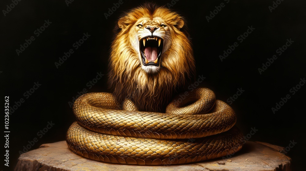 A fierce lion's head atop a coiled snake body, embodying strength and ...