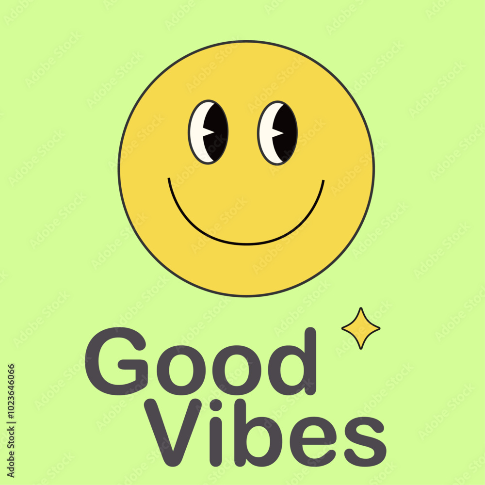 Yellow smiley face with Good Vibes text on a bright green background ...