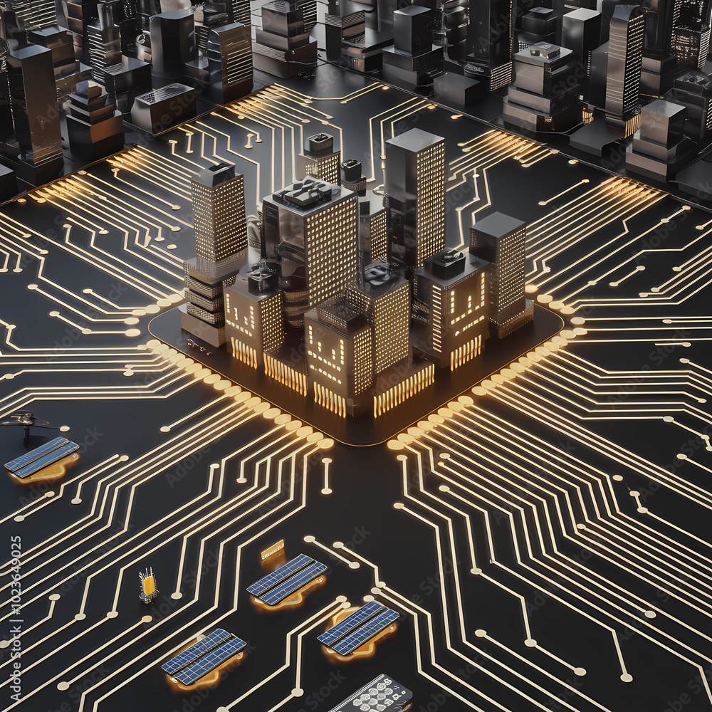 Technology media modern city aerial view digital futuristic ...