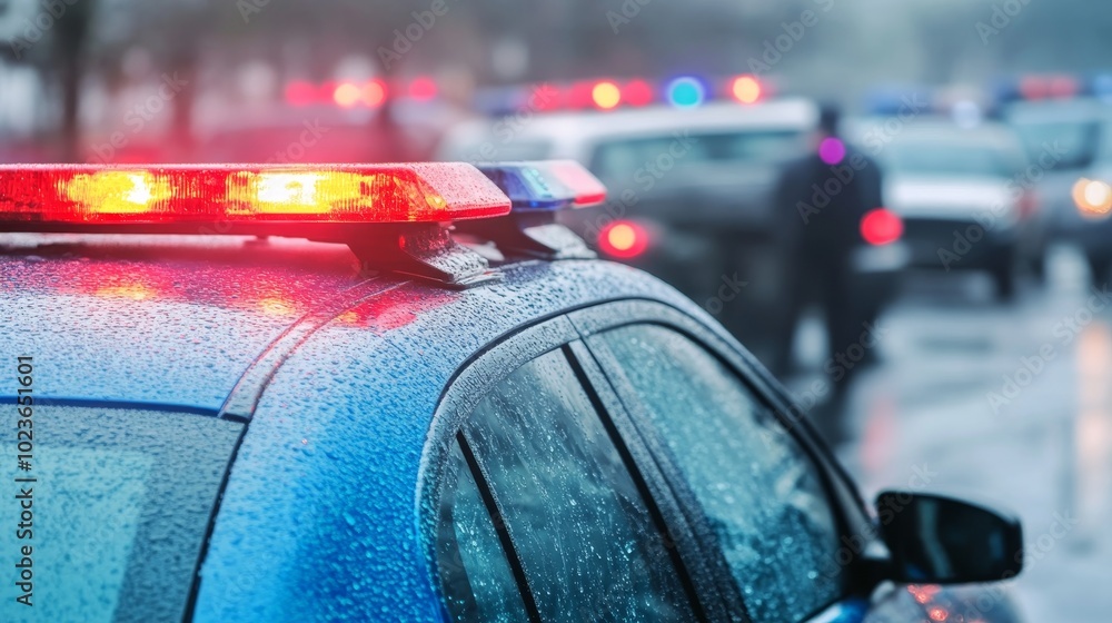 Police Car with Flashing Lights on Rainy City Street, Law Enforcement ...
