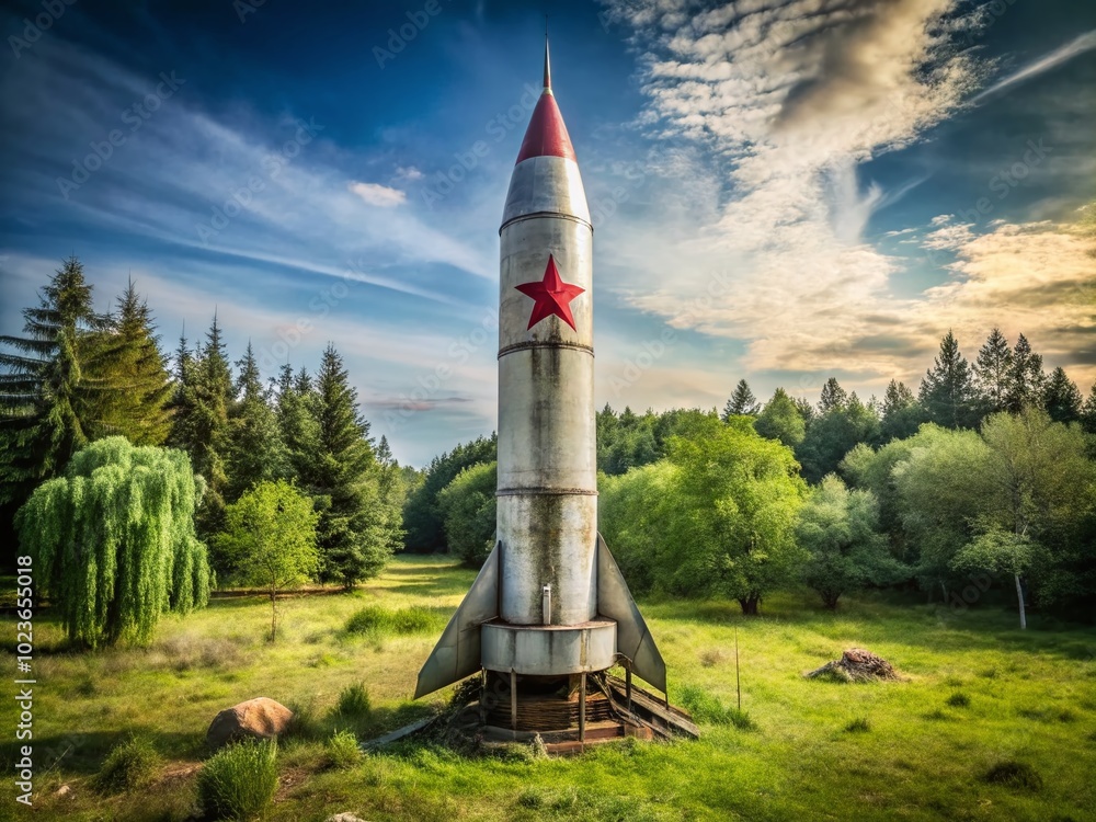 A retro-style, rusted, Soviet-era rocket stands proudly on a grassy ...